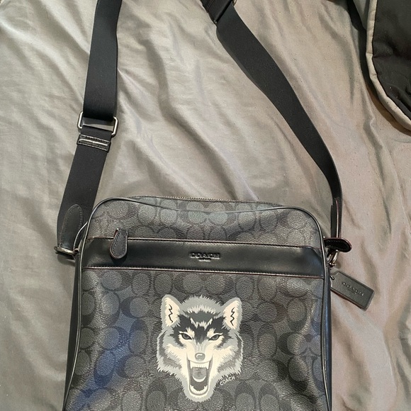 Coach | Bags | Coach Black And Gray Wolf Print Messenger Bag | Poshmark